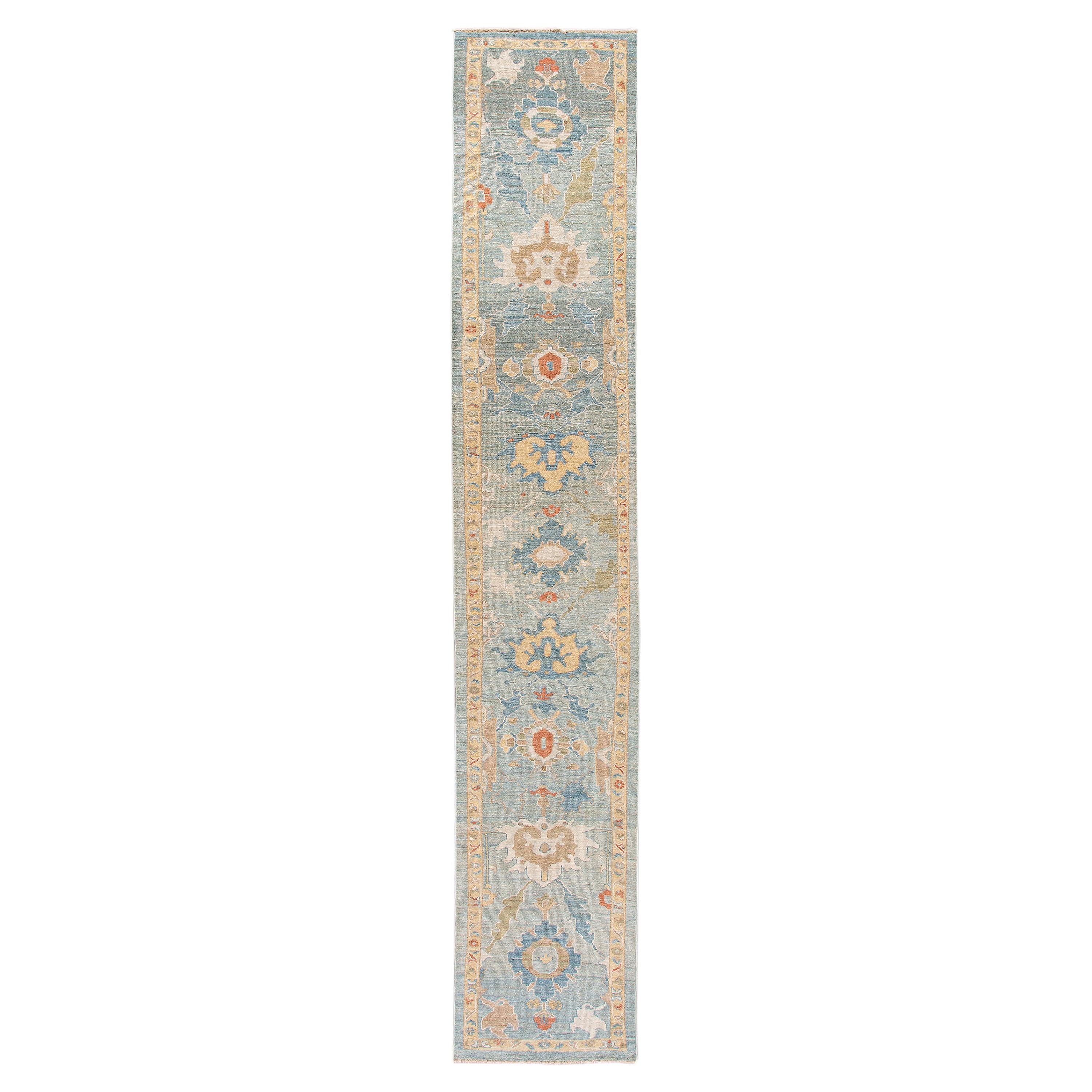 Modern Floral Sultanabad Light Blue Wool Runner For Sale at 1stDibs