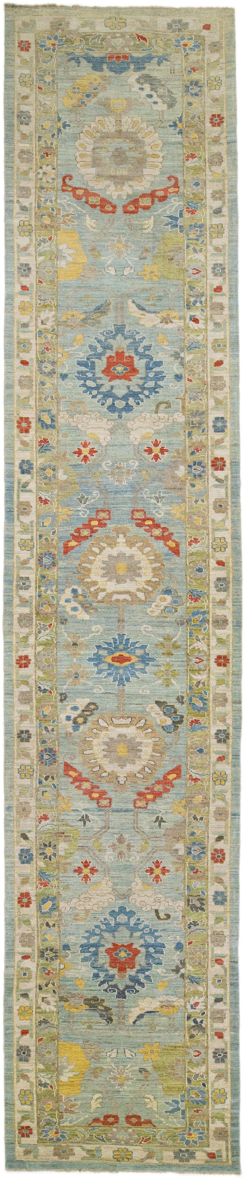Modern Sultanabad Long Wool Runner with Allover Pattern in Blue For ...