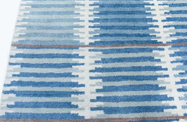 Modern Swedish Design Blue Hand Knotted Wool Pile Rug For Sale at 1stDibs