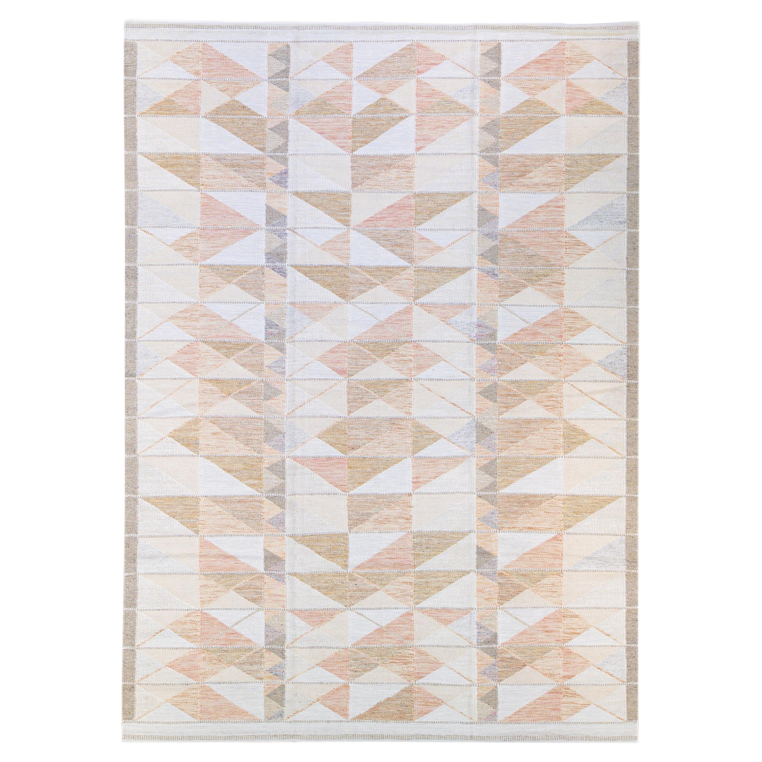 Modern Swedish Style Handmade Geometric Pattern Blue and Ivory Wool Rug ...