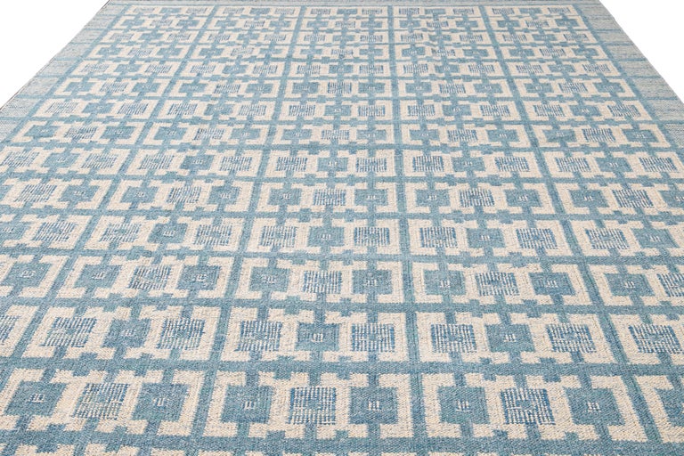 Modern Swedish Style Handmade Geometric Pattern Blue and Ivory Wool Rug ...