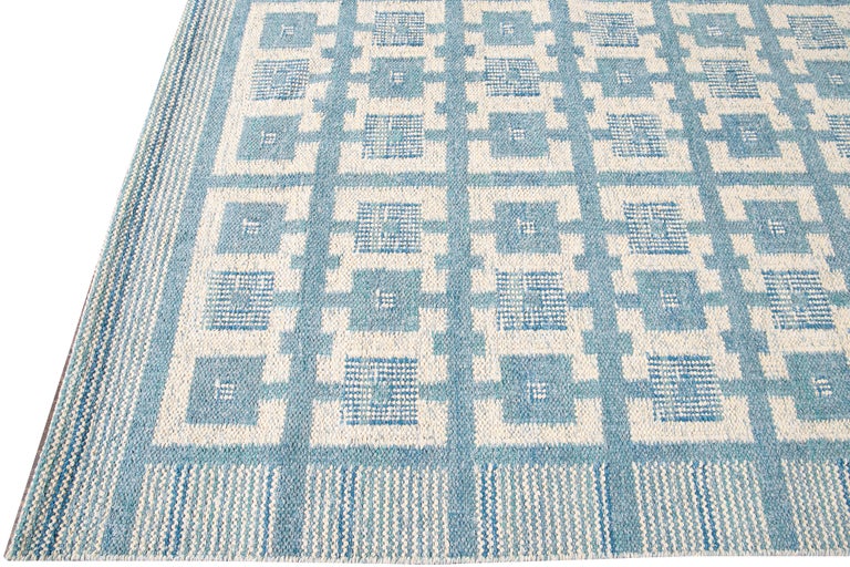 Modern Swedish Style Handmade Geometric Pattern Blue and Ivory Wool Rug ...