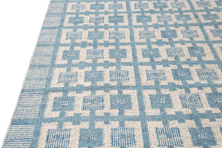 Modern Swedish Style Handmade Geometric Pattern Blue and Ivory Wool Rug ...