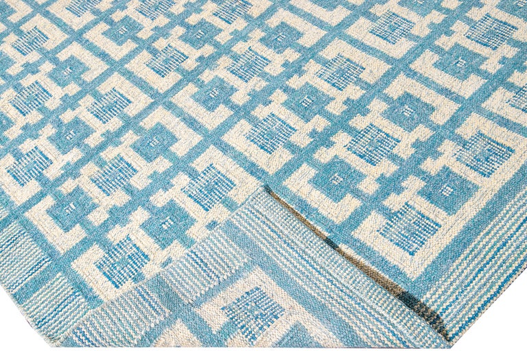 Modern Swedish Style Handmade Geometric Pattern Oversize Blue and Ivory ...