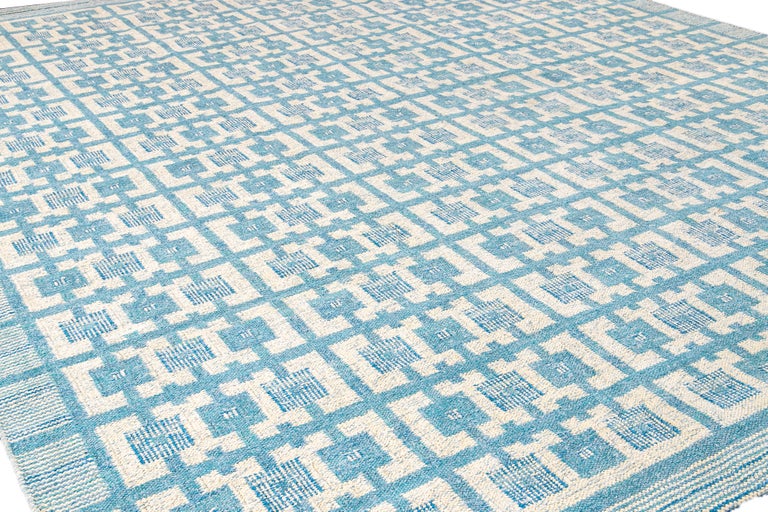 Modern Swedish Style Handmade Geometric Pattern Oversize Blue and Ivory ...