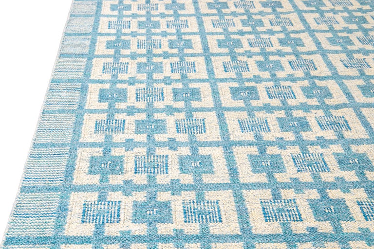 Modern Swedish Style Handmade Geometric Pattern Oversize Blue and Ivory ...