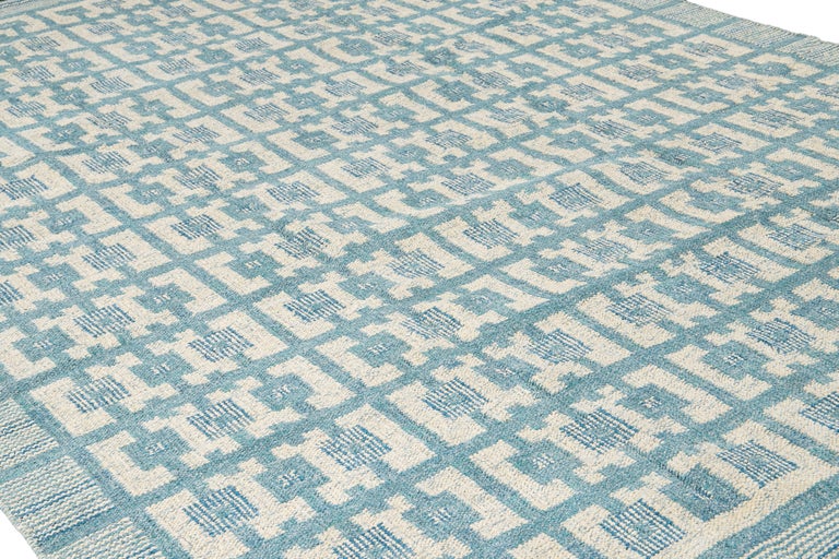 Modern Swedish Style Handmade Geometric Pattern Room size Blue Wool Rug ...
