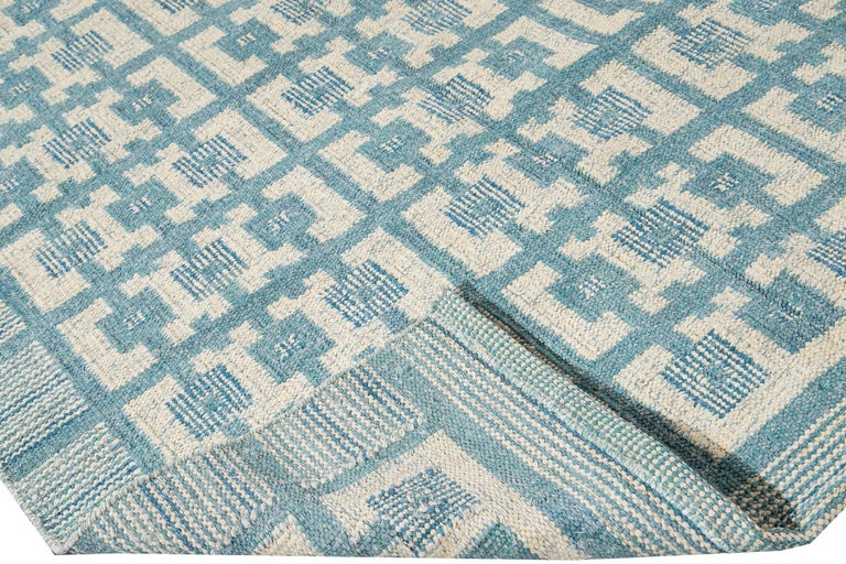 Modern Swedish Style Handmade Geometric Pattern Room size Blue Wool Rug ...