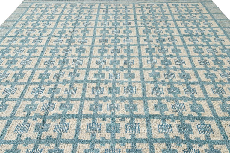 Modern Swedish Style Handmade Geometric Pattern Room size Blue Wool Rug ...