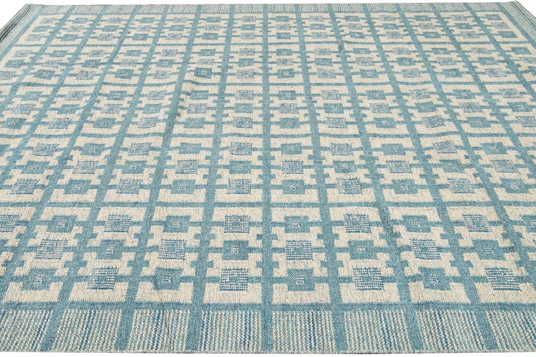 Modern Swedish Style Handmade Geometric Pattern Room size Blue Wool Rug ...