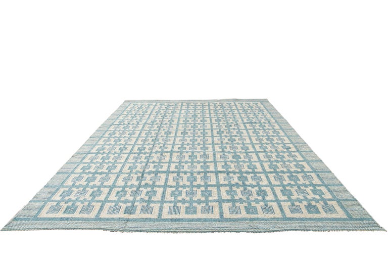 Modern Swedish Style Handmade Geometric Pattern Room size Blue Wool Rug ...