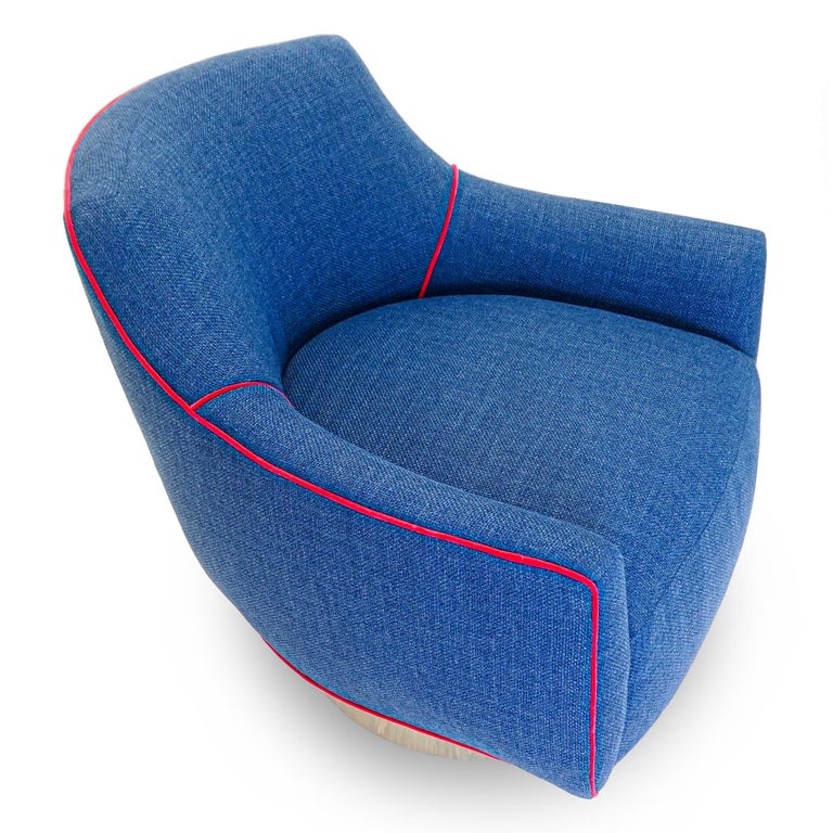 Modern Swivel Chair in Blue Woven and Fuchsia Velvet Accent Welting For ...