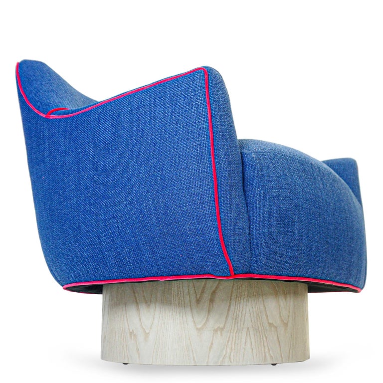 Modern Swivel Chair in Blue Woven and Fuchsia Velvet Accent Welting For ...