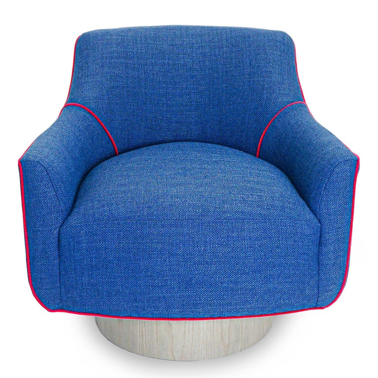 Modern Swivel Chair in Blue Woven and Fuchsia Velvet Accent Welting For ...