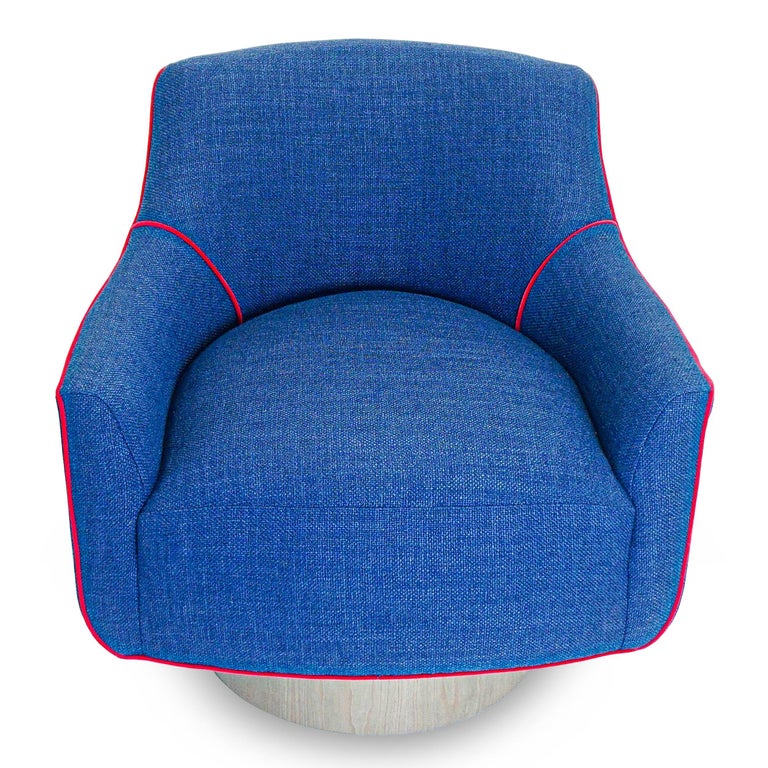 Modern Swivel Chair in Blue Woven and Fuchsia Velvet Accent Welting For ...