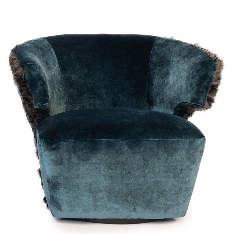 Modern Swivel Chair with Velvet and Faux Owl Feather For Sale at 1stDibs