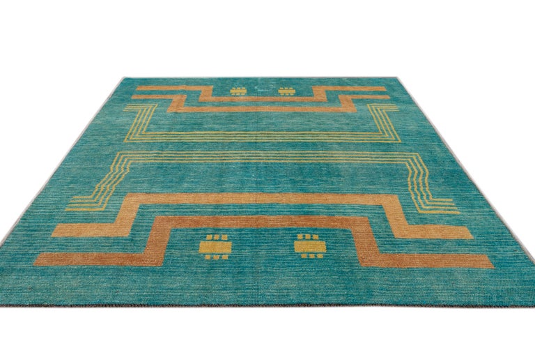 Modern Teal Deco Style Handmade Geometric Square Wool Rug For Sale at ...