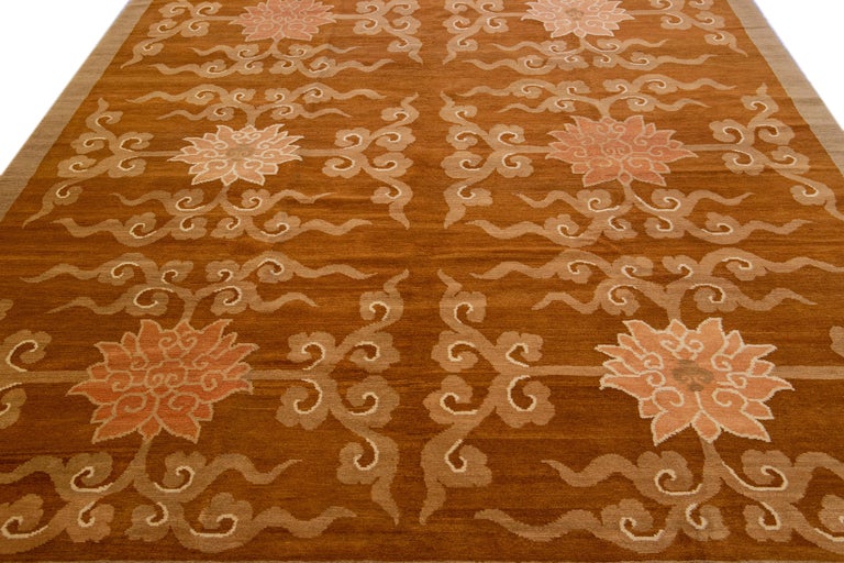 Modern Tibetan Handmade Lotus Flower Pattern Brown Wool and Silk Rug ...