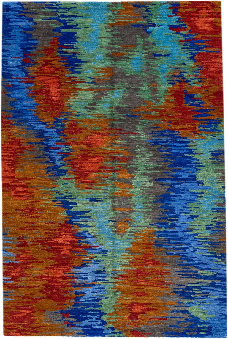 Modern Tibetan Handmade Wool and Silk Rug with Multicolor Abstract ...