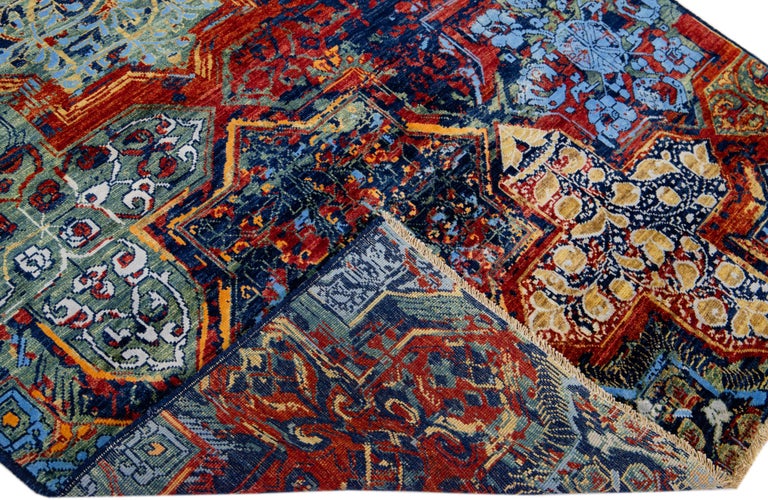 Modern Transitional Abstract Handmade Blue and Orange Silk Rug For Sale ...
