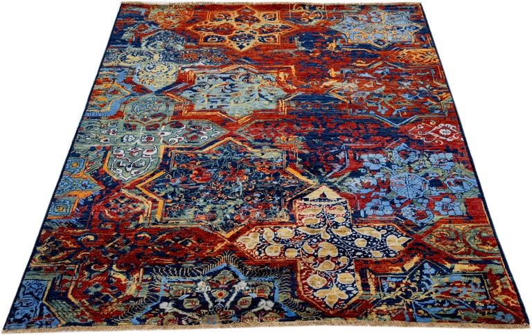 Modern Transitional Abstract Handmade Blue and Orange Silk Rug For Sale ...