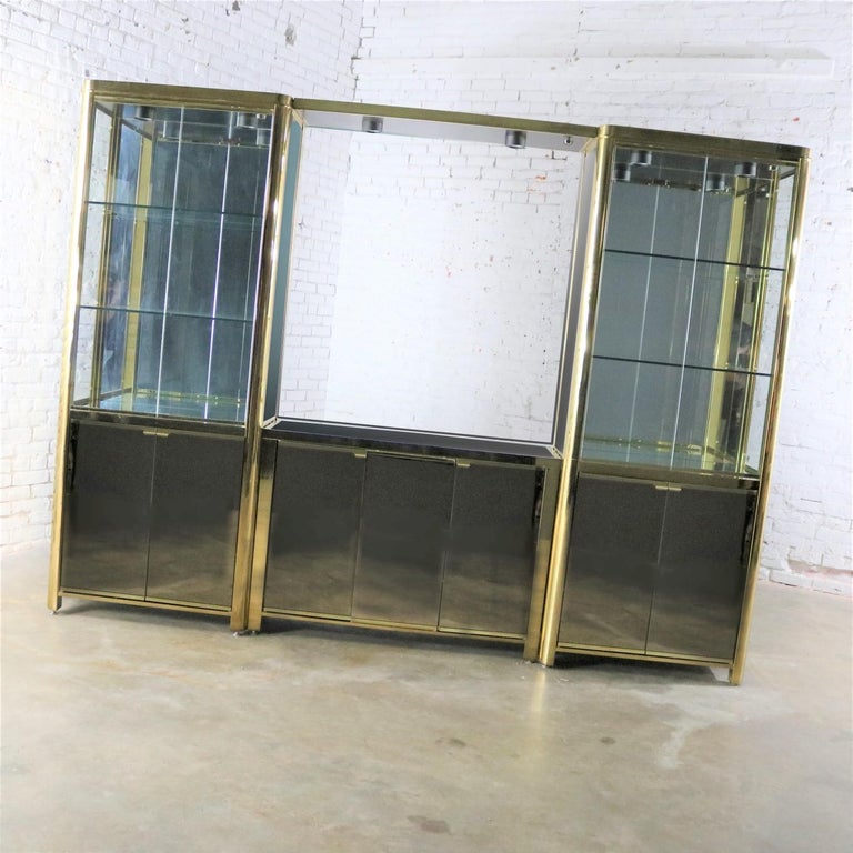 Modern Triple Lighted Vitrine Display Cabinet Brass Glass and Mirror ...