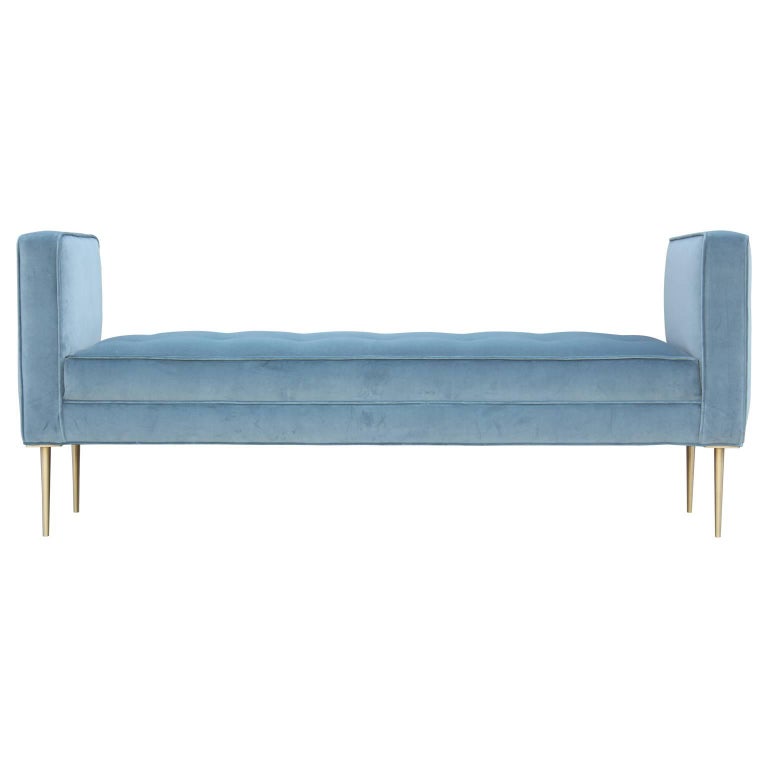 Modern Tufted Armed Bench in Light Blue Velvet with Brass Legs at 1stDibs