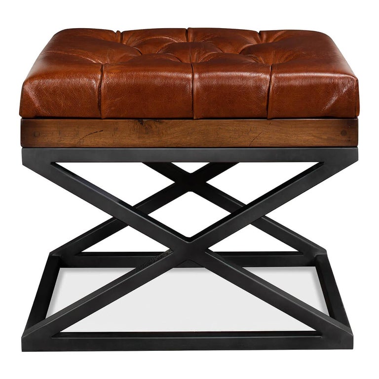 Modern Tufted Leather X Frame Stool For Sale at 1stDibs