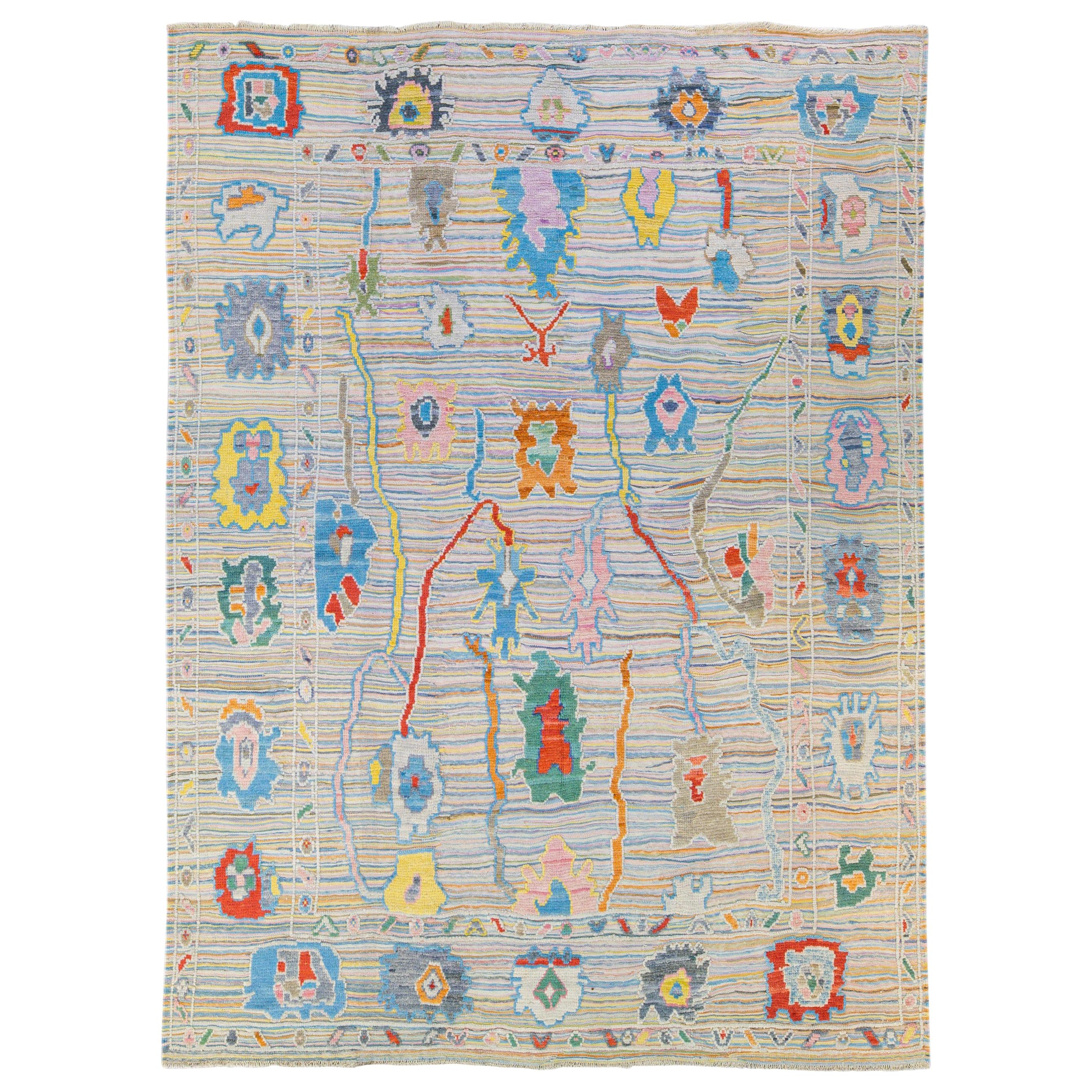 Modern Turkish Tulu Handmade Multicolor Geometric Motif Oversize Wool ...