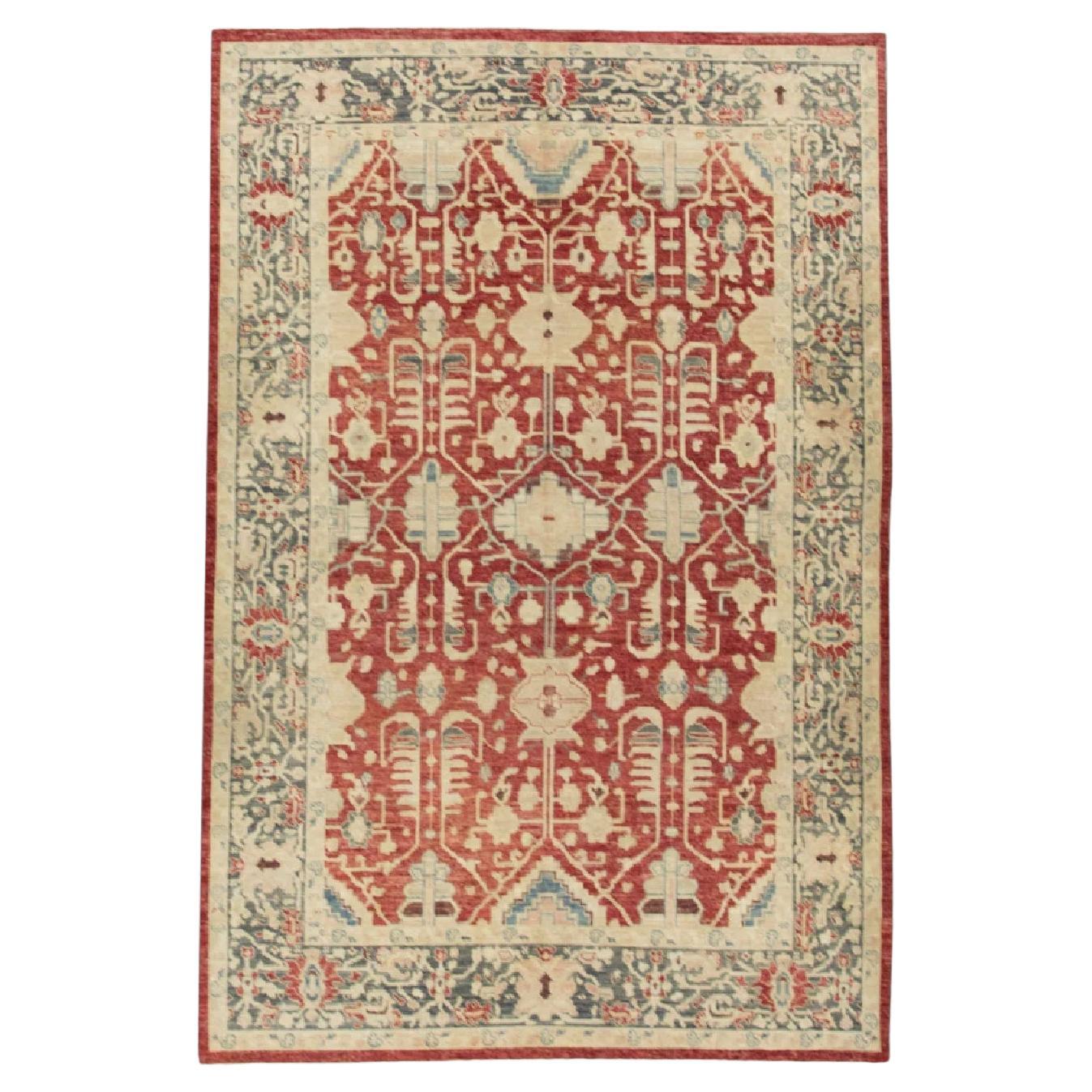 Red and Blue Geometric Vintage Turkish Finewoven Wool Oushak Rug 4'9" x ...