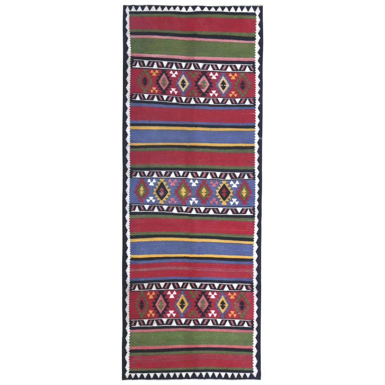 Modern Turkish Kilim Runner Rug in Red, Green and Blue Stripes with ...