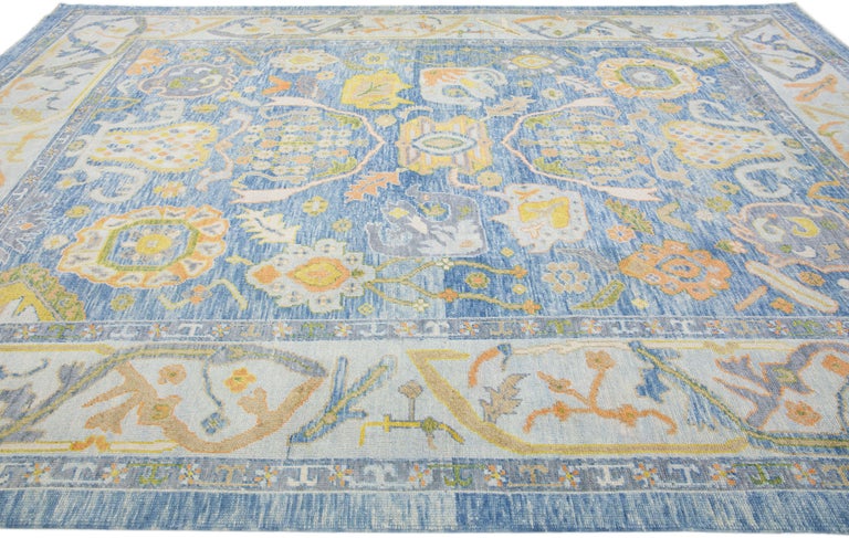 Modern Turkish Oushak Blue Handmade Wool Rug With Floral Motif For Sale ...