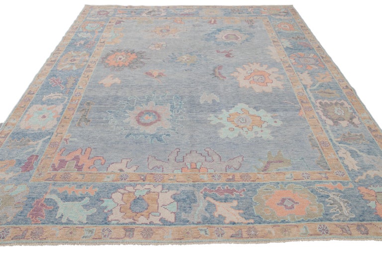 Modern Turkish Oushak Light Blue Handmade Wool Rug For Sale at 1stDibs