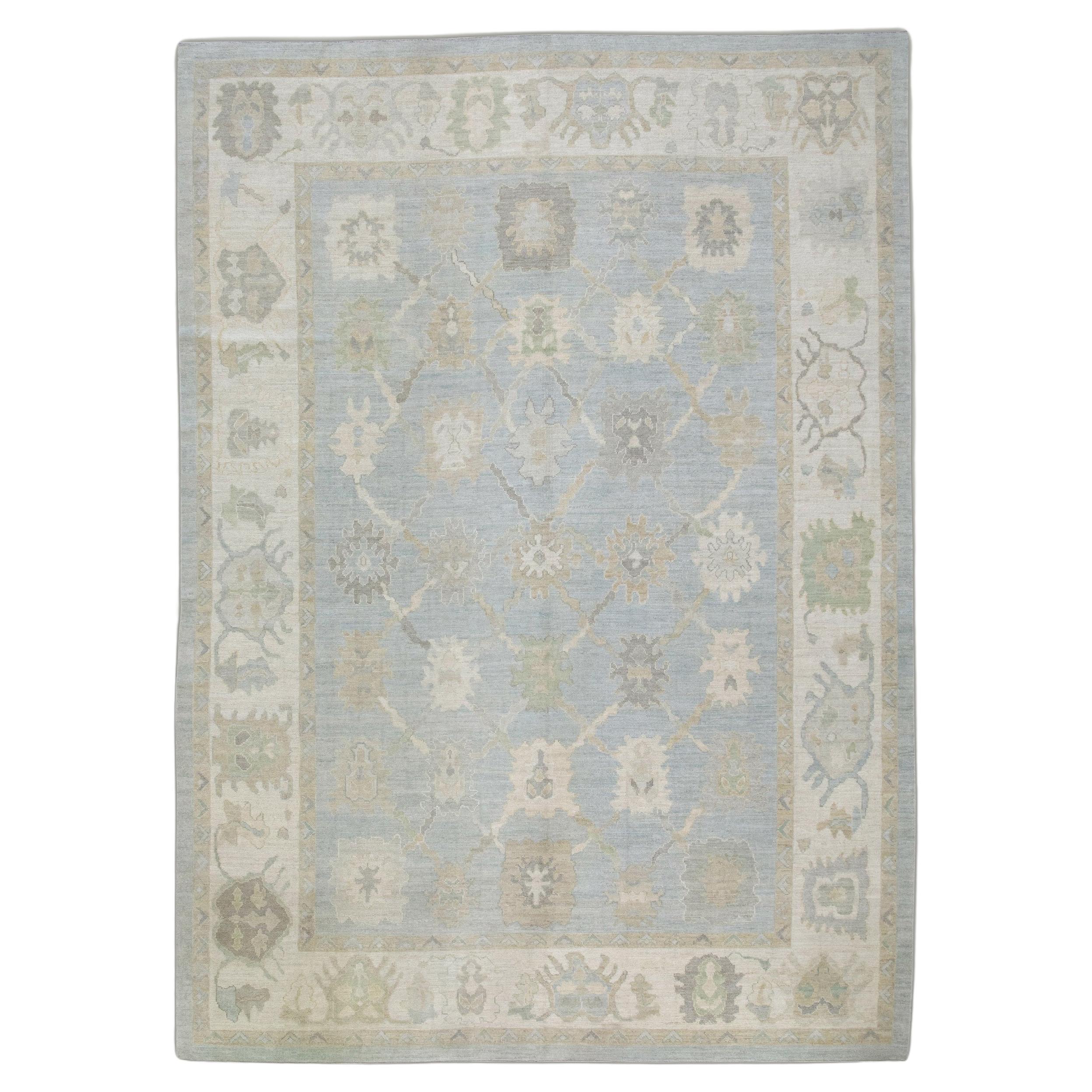 Pink and Blue Floral Design Handwoven Wool Turkish Oushak Rug 6'1" x 9 ...