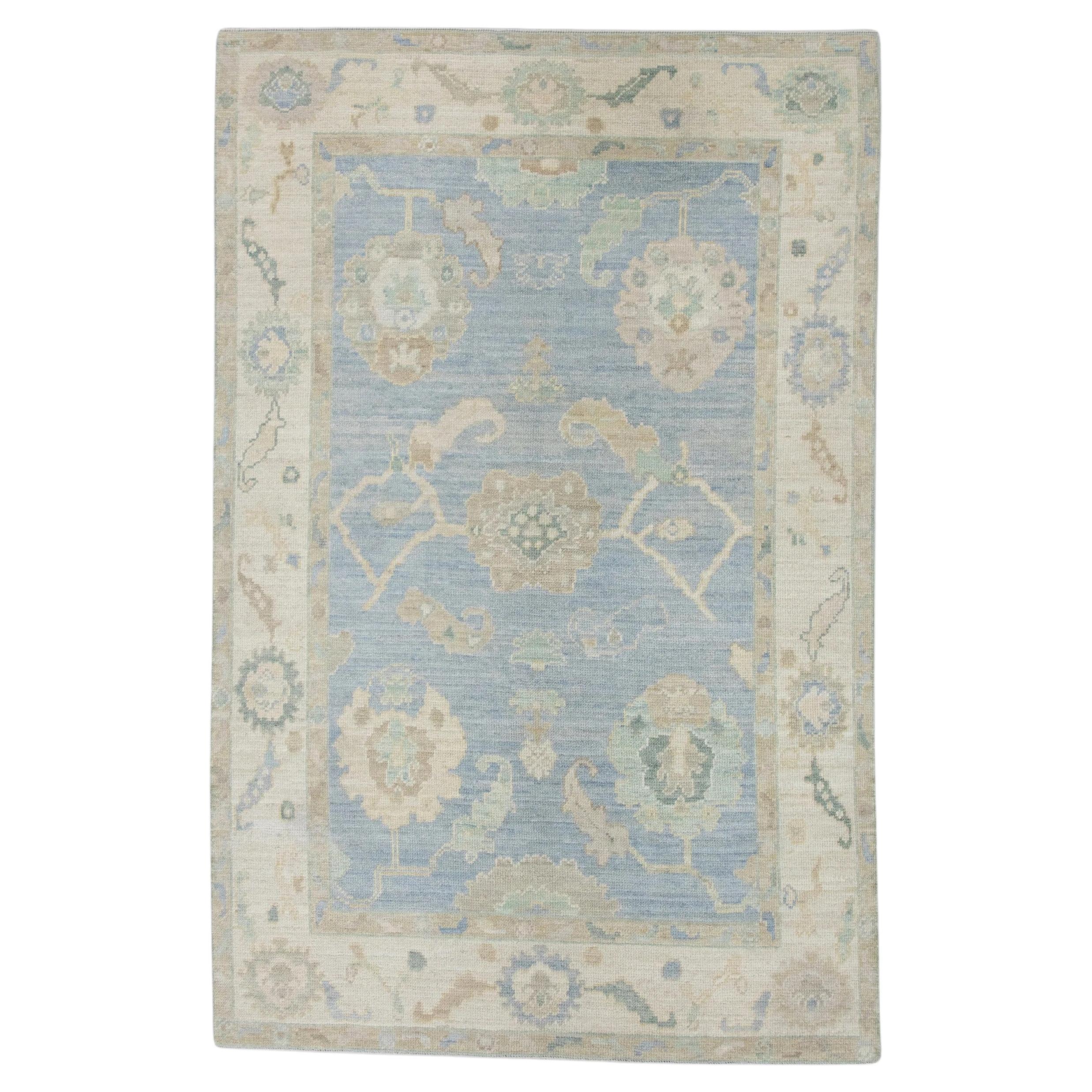 Pink and Blue Floral Design Handwoven Wool Turkish Oushak Rug 6'1" x 9 ...