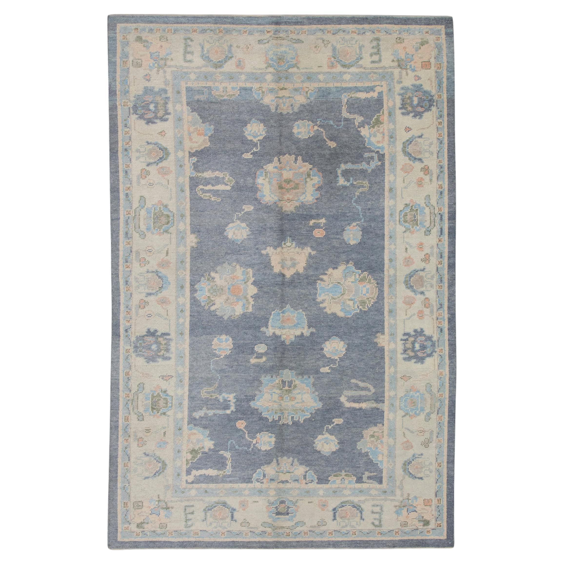 Blue Floral Design Handwoven Wool Turkish Oushak Rug 6' x 9'1" For Sale ...