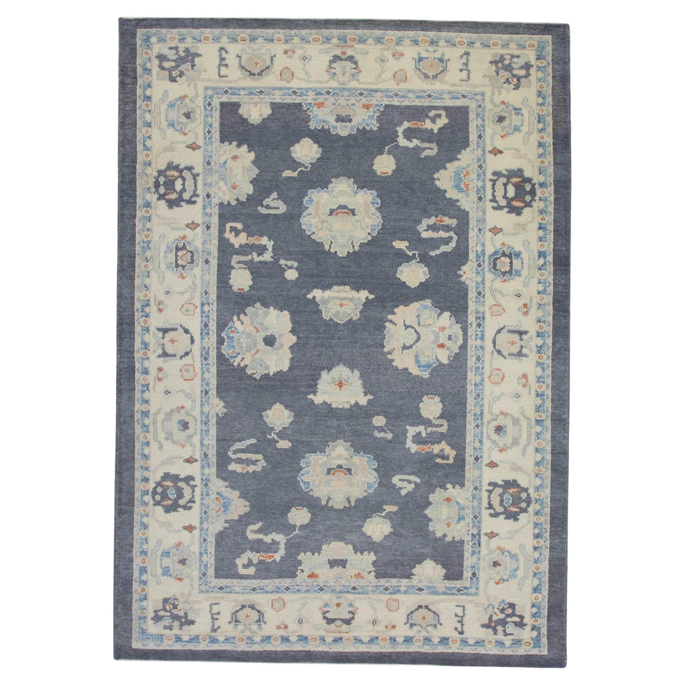 Blue and Orange Floral Pattern Handwoven Wool Turkish Oushak Rug 6'5" x ...