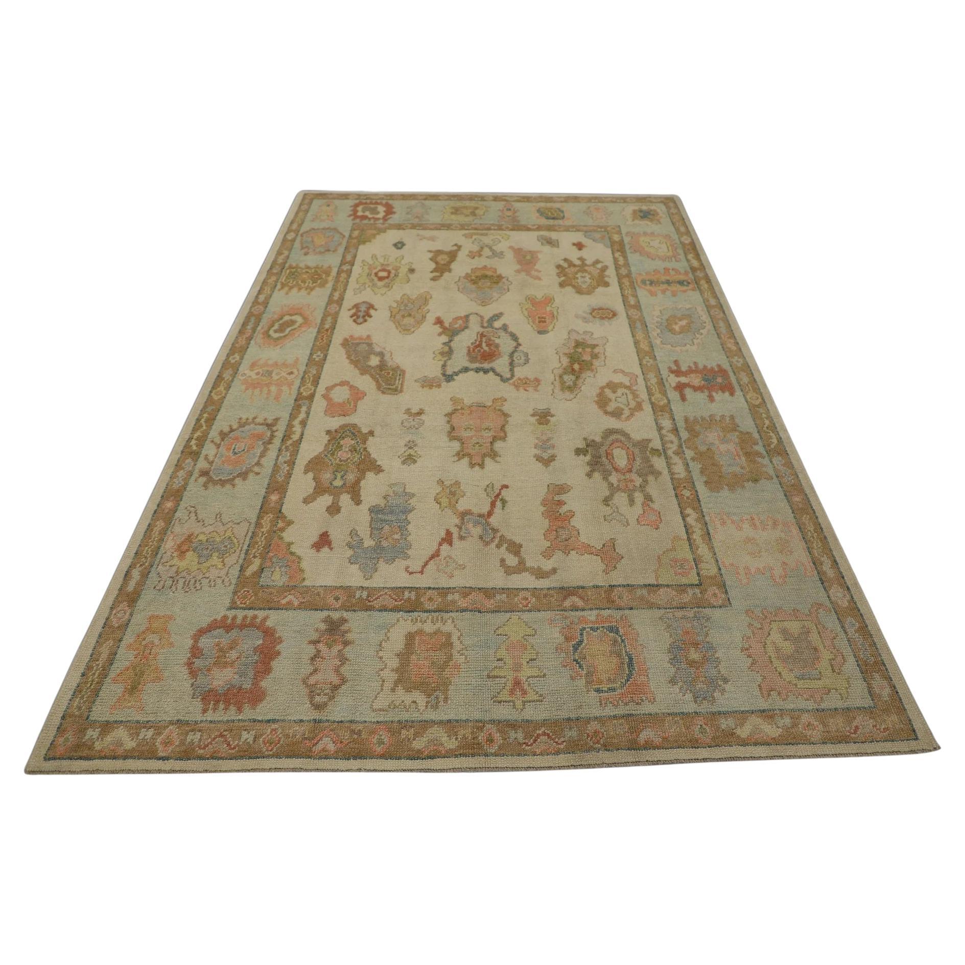 Green and Pink Floral Handwoven Wool Turkish Oushak Rug 4'1" x 6'1" For ...