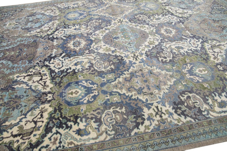 Modern Turkish Oushak Style Handmade Gray and Blue Wool Rug with ...
