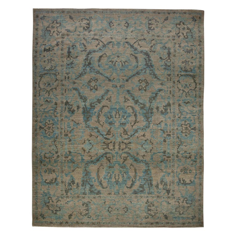 Modern Turkish Sultanabad Rug with Gray and Blue Leaf and Flower ...