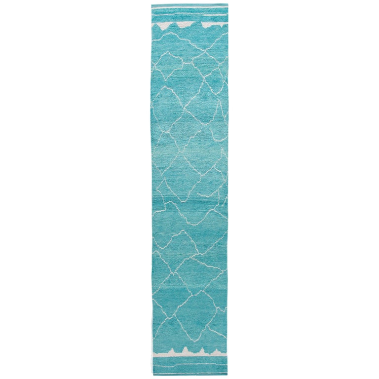 Modern Turquoise Moroccan Style Handmade Wool Runner For Sale at 1stDibs