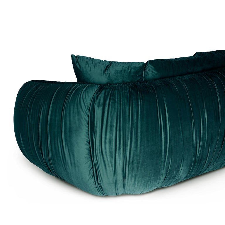 Modern Upholstery Belly Sofa in Blue Velvet and Polished Brass Base For ...