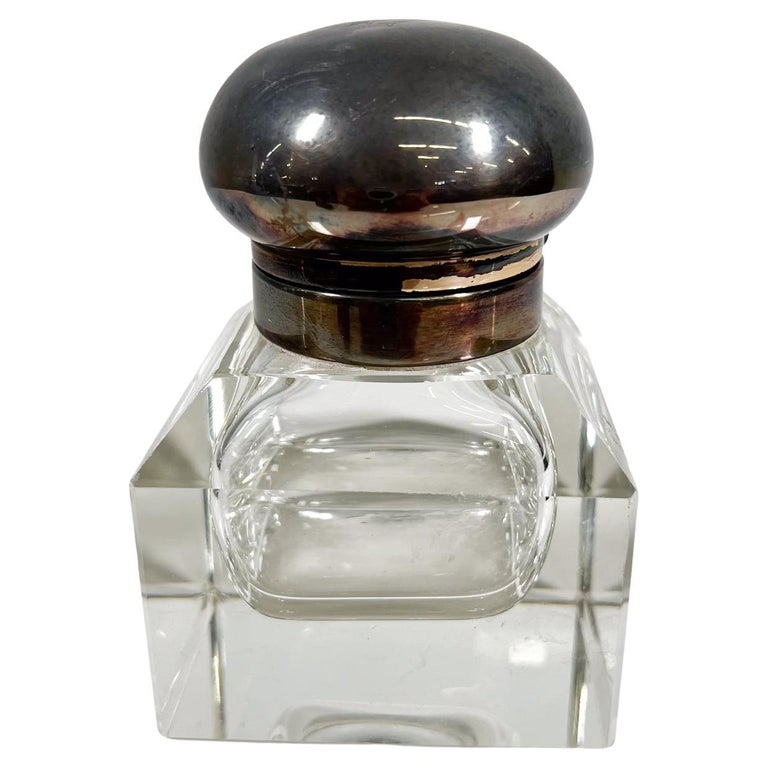 Modern Vintage Square Glass Ink Well Silver Plated For Sale at 1stDibs
