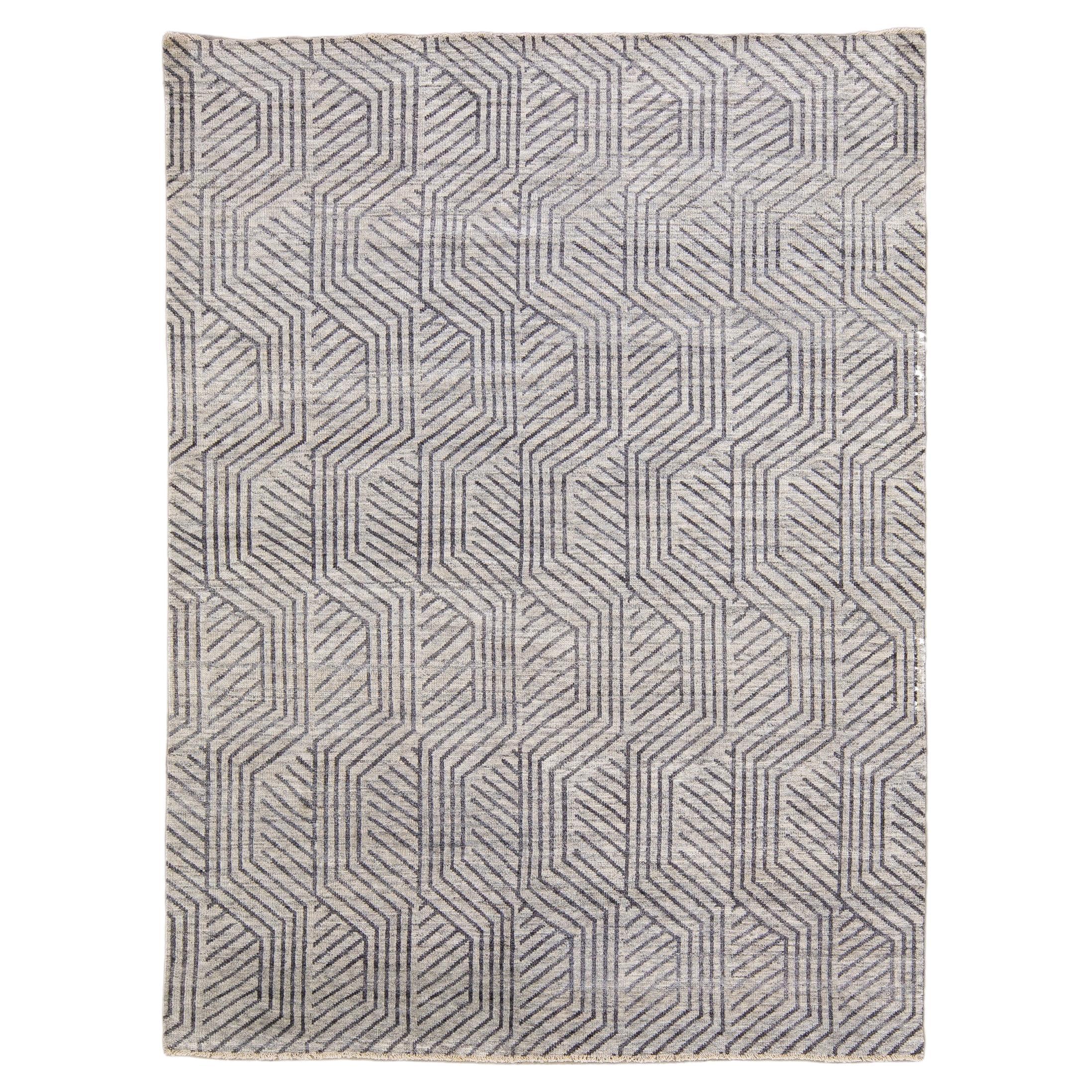 Modern Beige and Gray Handmade Seamless Chevron Pattern Wool Rug For ...