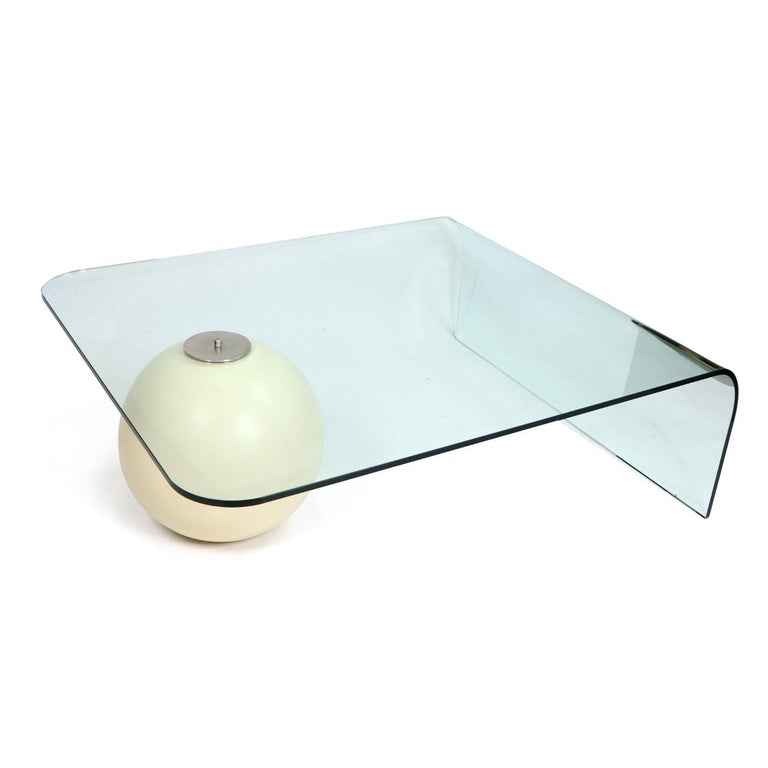 Modern Waterfall Curved Glass Coffee Table Balanced on White Ball at ...