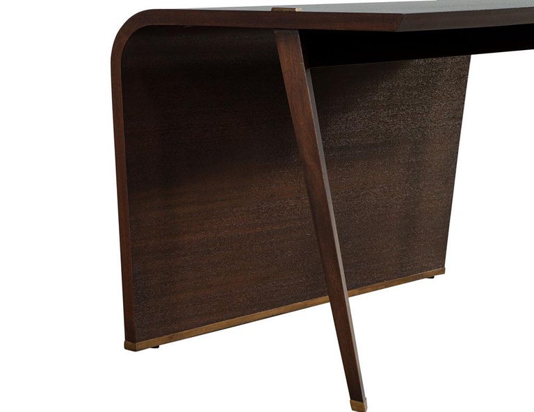 Modern Waterfall Desk in Dark Walnut Finish with Painted Brass Accents ...