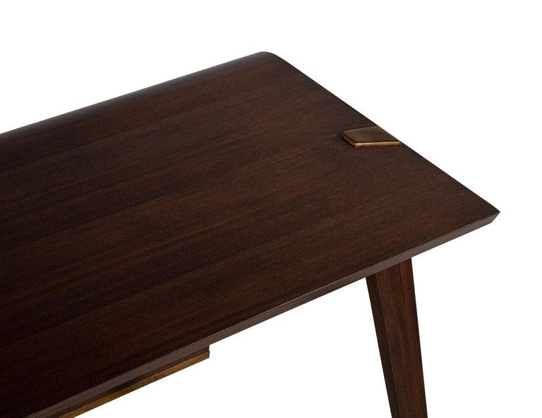 Modern Waterfall Desk in Dark Walnut Finish with Painted Brass Accents ...
