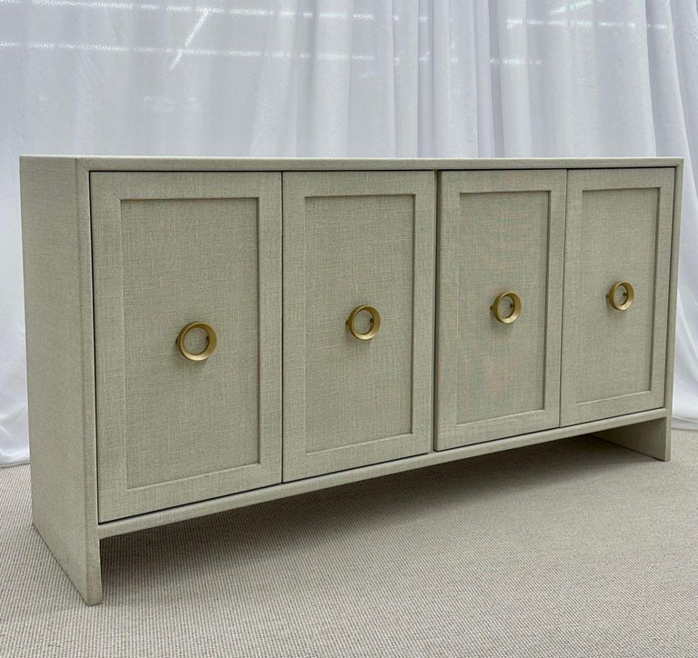 Modern White Custom Four Door Linen Wrapped Sideboard / Credenza, Brass ...
