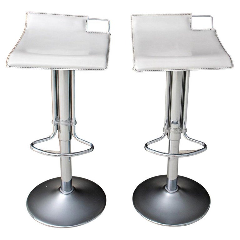 Modern White Leather and Chrome Bar Stool, Pair For Sale at 1stDibs