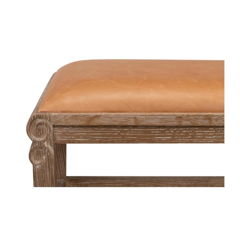 Modern Whitewash and Leather Upholstered Bench For Sale at 1stDibs